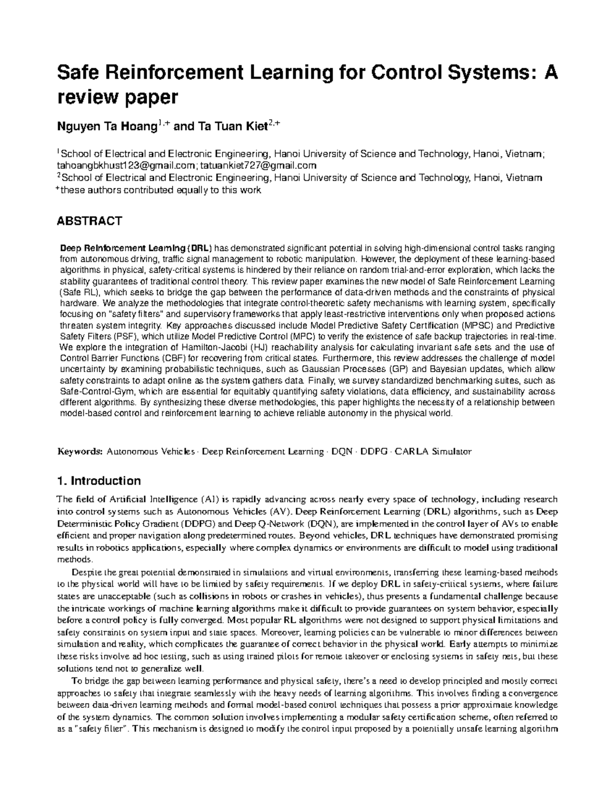 Safe Reinforcement Learning for Control Systems: A Review Paper (EE 123 ...