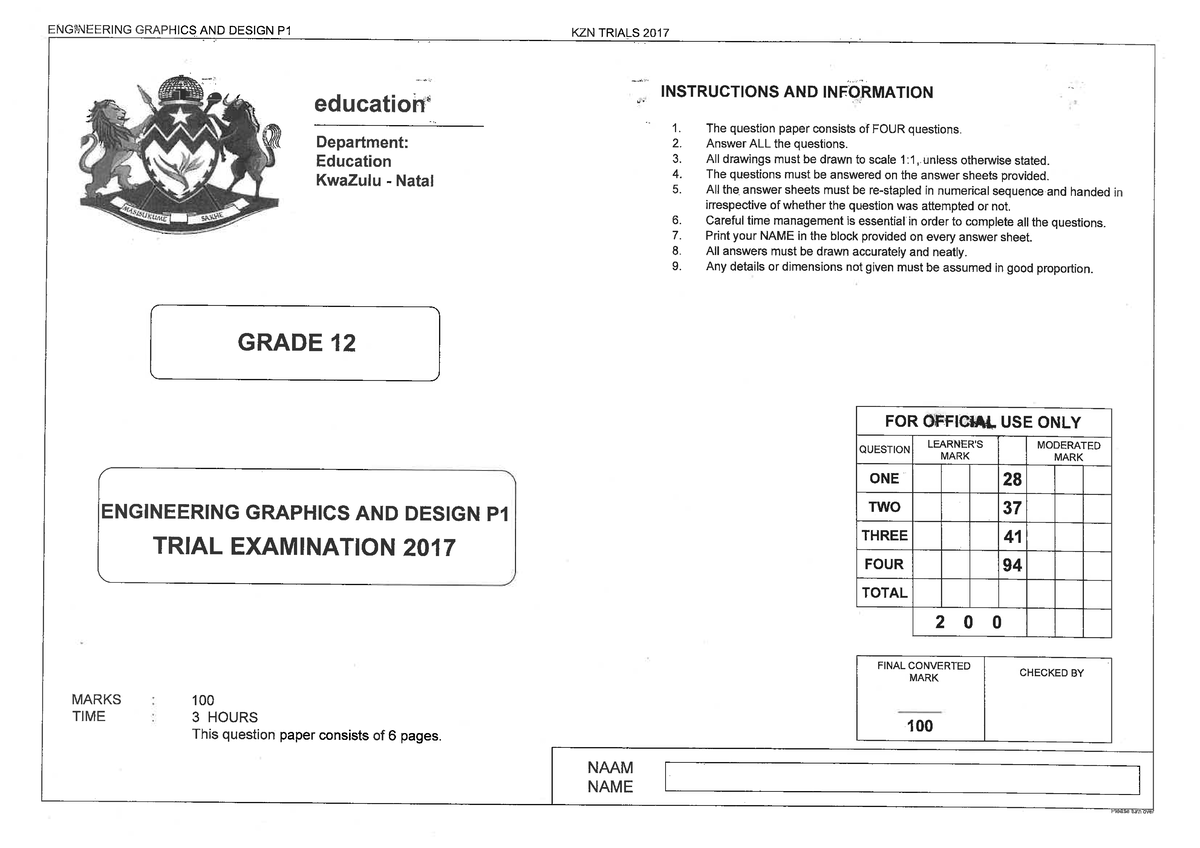 Grade 12 Engineering Graphics and Design P1 KZN Trials 2017 ...