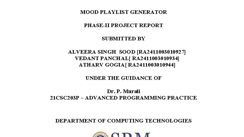 AVAVibe Mood Playlist Generator Project Report 21CSC203P - Studocu