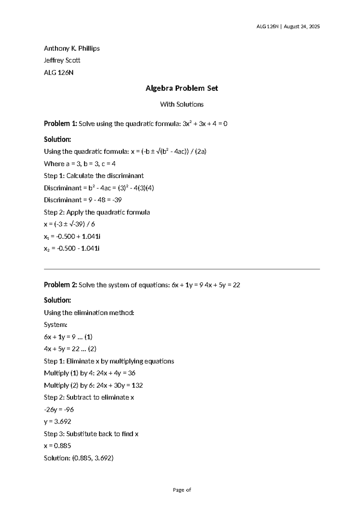 ALG 126N Algebra Problem Set Solutions - August 2025 - Studocu