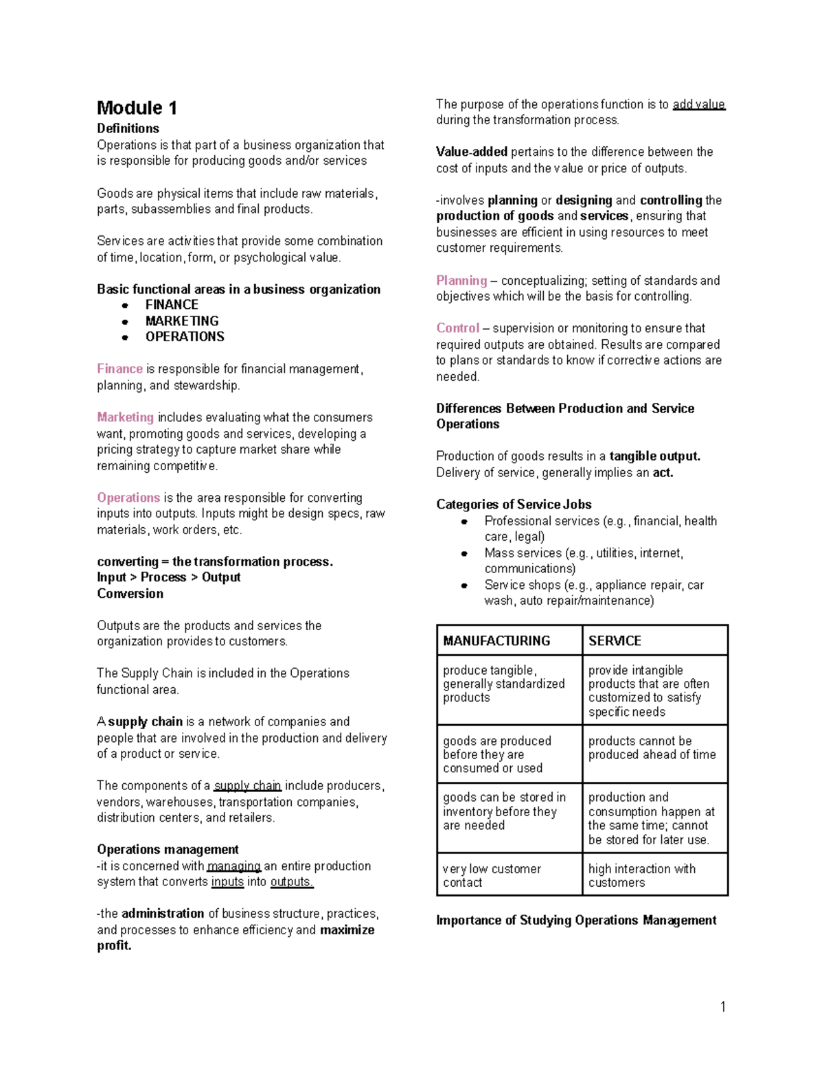 Operation Management - Module 1 Definitions Operations is that part of a business organization ...
