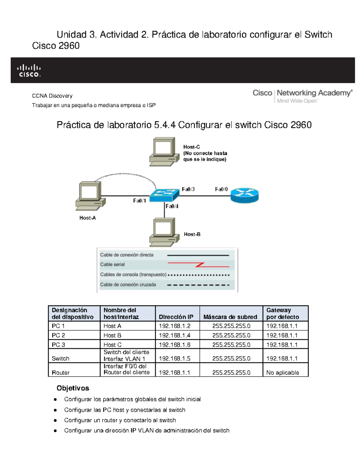 Práctica Laboratorio 2: Configuración del Switch Cisco 2960 - CCNA - Studocu