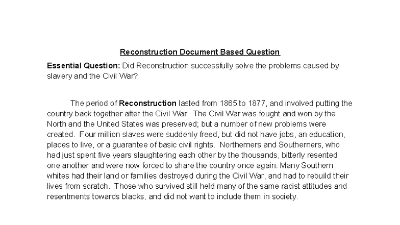 Reconstruction (HIST 101) DBQ: Successes & Failures of Integration ...