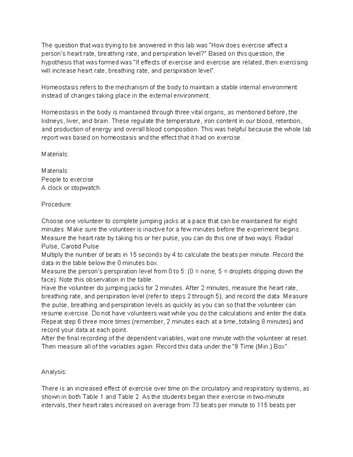 Lab Report: Effects of Exercise on Heart Rate & Homeostasis (BIO101 ...