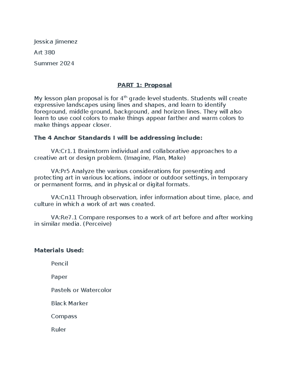 Lesson Plan Proposal - Jessica Jimenez Art 380 Summer 2024 PART 1 ...