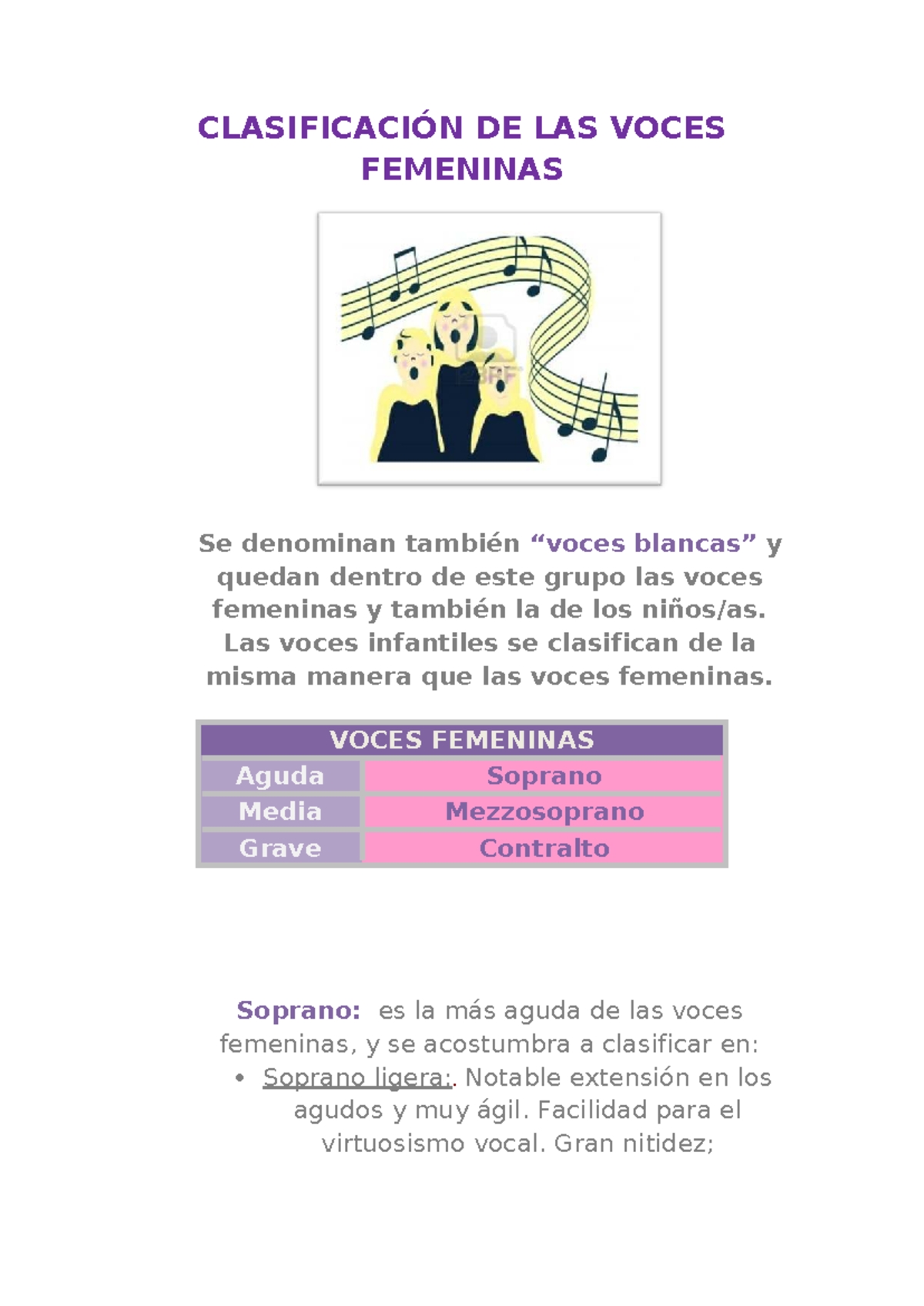 CLASIFICACIÓN DE LAS VOCES FEMENINAS EN CANTO - Studocu