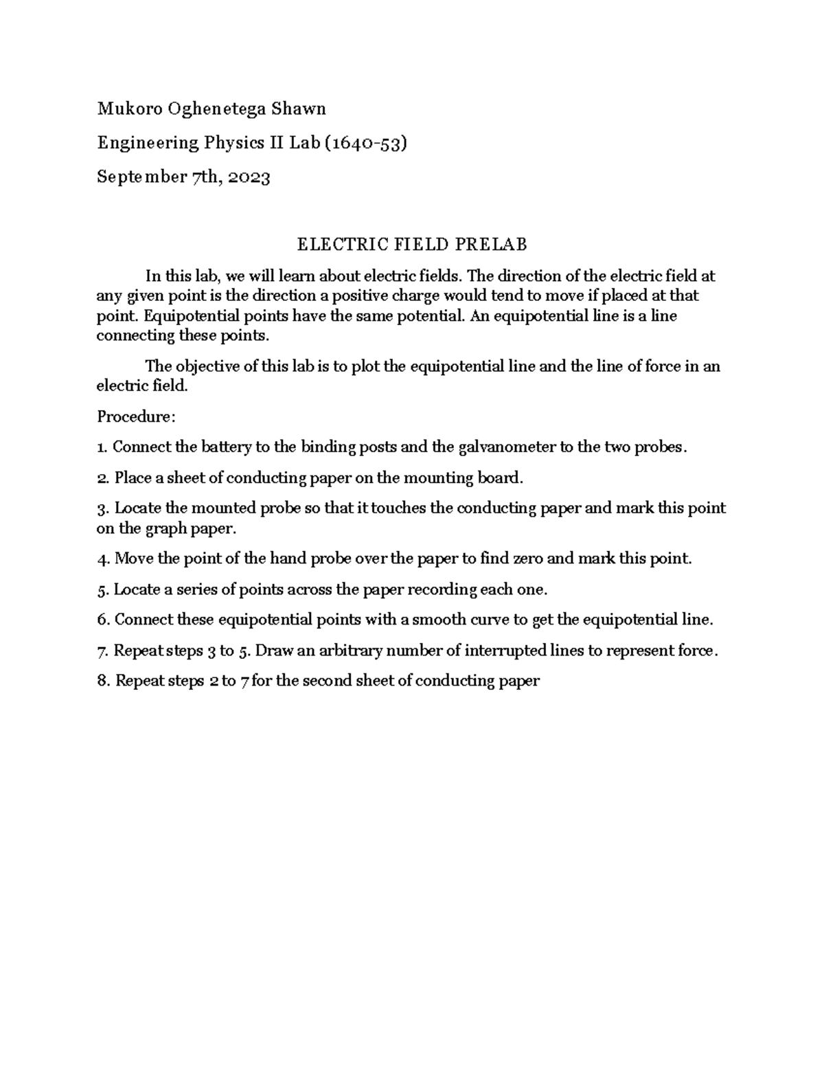 Electric Field Prelab - Mukoro Oghenetega Shawn Engineering Physics II ...