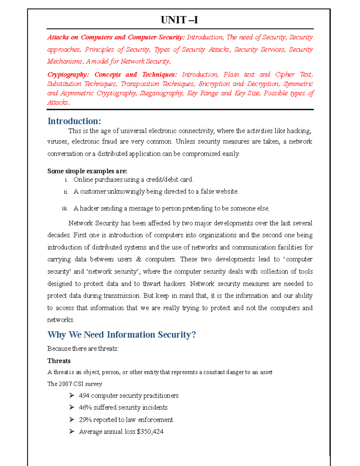 UNI 1 AND 2 - Cryptography & Network Security Study Guide - Studocu