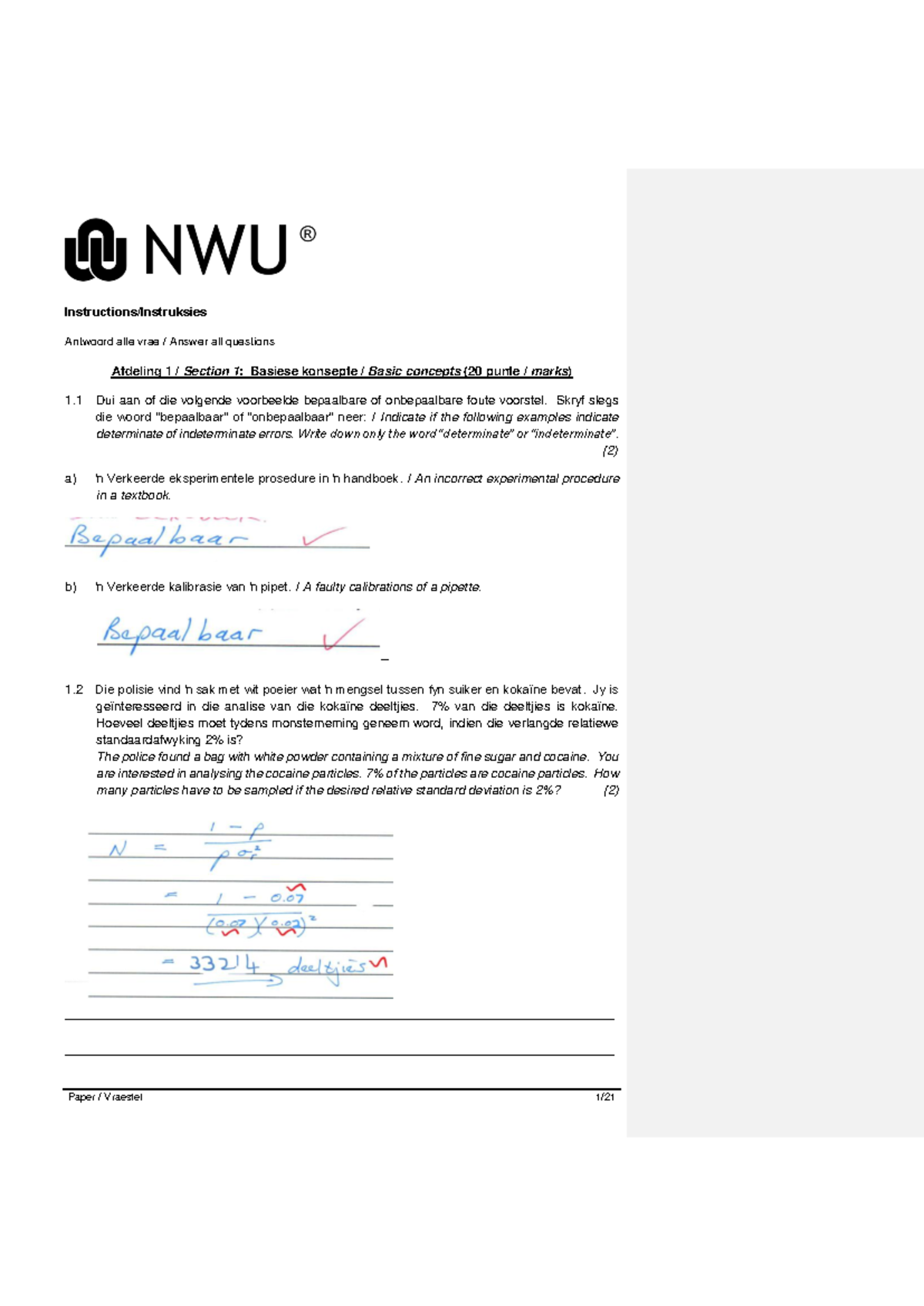 Exam Paper NCHE211 2nd Opportunity Memo 1: Basic Concepts and Analysis ...