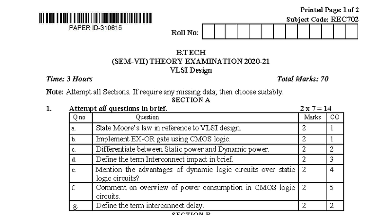 B.Tech VLSI Design REC702 Final Exam Notes 2021 - Studocu