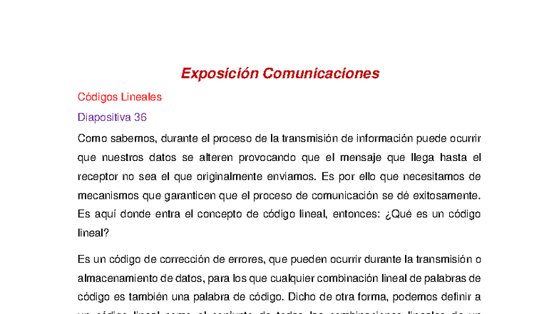 Exposición Comunicaciones: Códigos Lineales y Corrección de Errores - Studocu