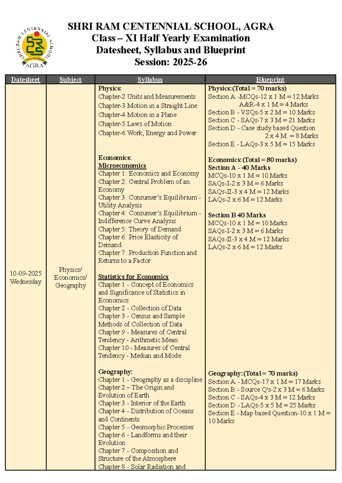 Class Xi Half Yearly Datesheet Syllabus Blueprint Overview Studocu