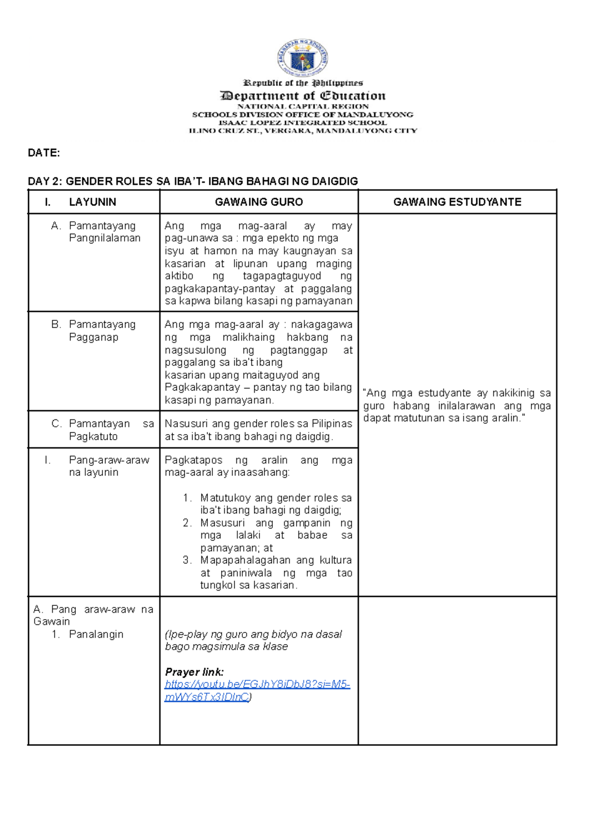 Module 2 MAZO DLP Final - lesson plan - DATE: DAY 2: GENDER ROLES SA ...