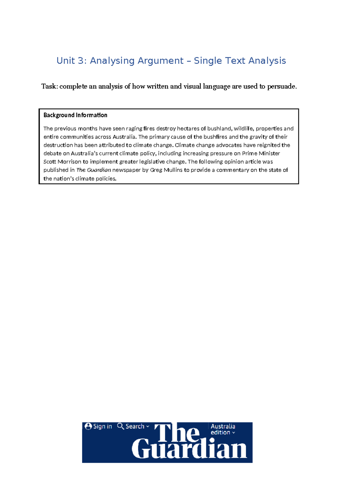 Unit 3: Climate Change Single-Text Analysis Task on Persuasion - Studocu