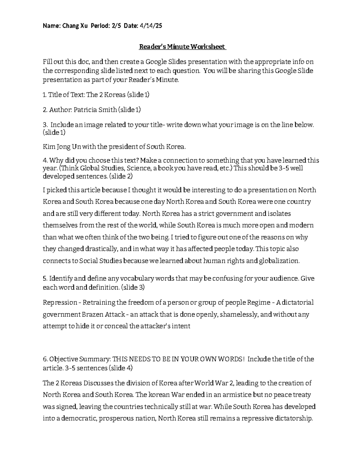 2025 Reader's Minute Worksheet: The 2 Koreas Presentation Guide - Studocu