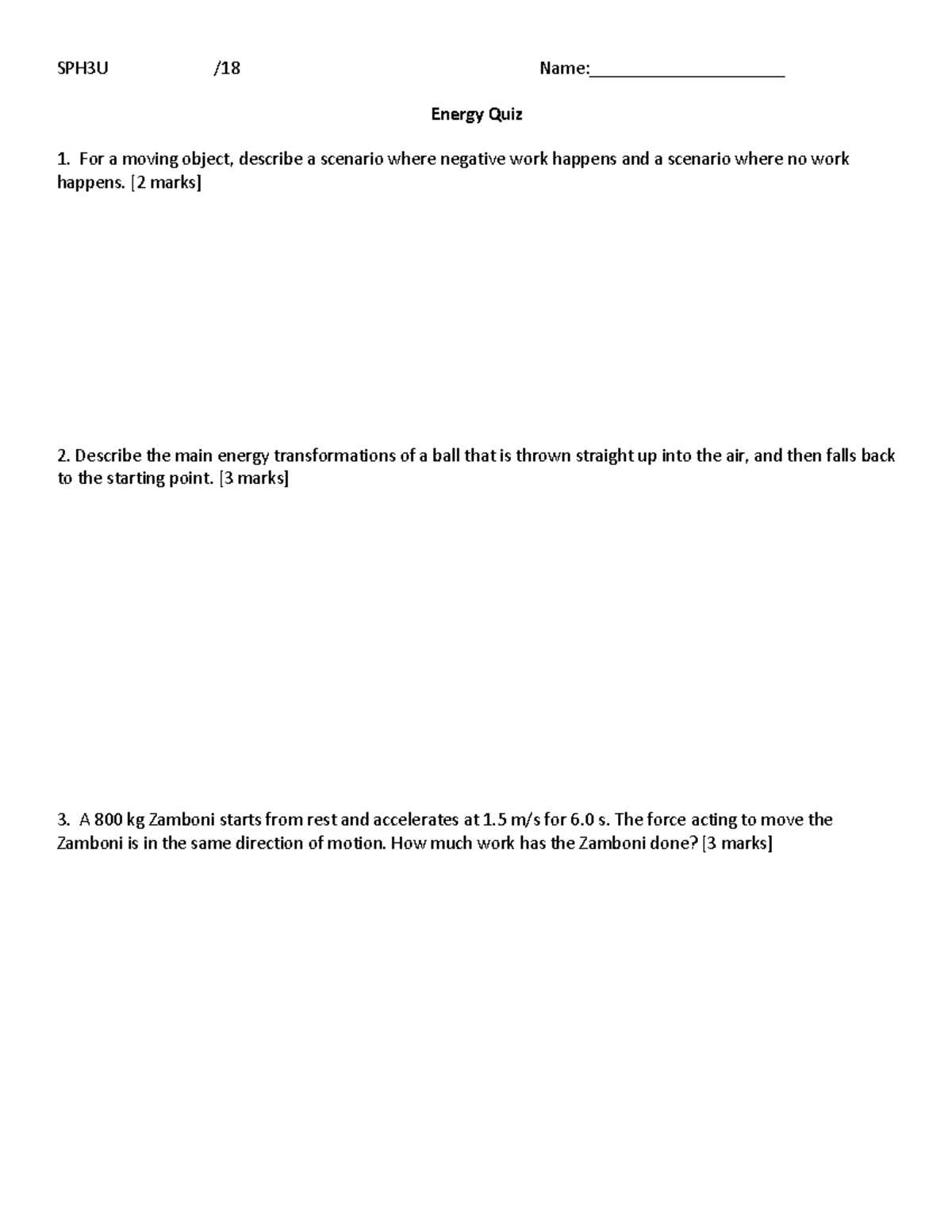 SPH3U Energy Quiz 1 - Practice Questions and Scenarios - Studocu