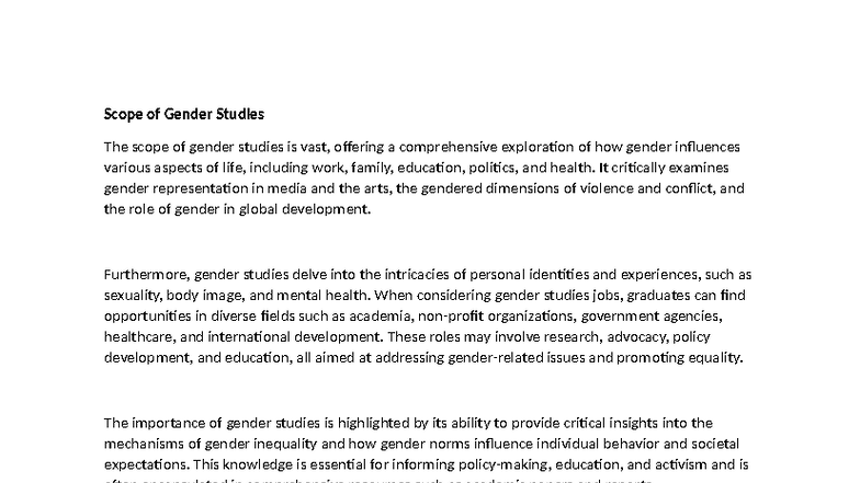Exploring the Scope of Gender Studies: Insights and Opportunities - Studocu