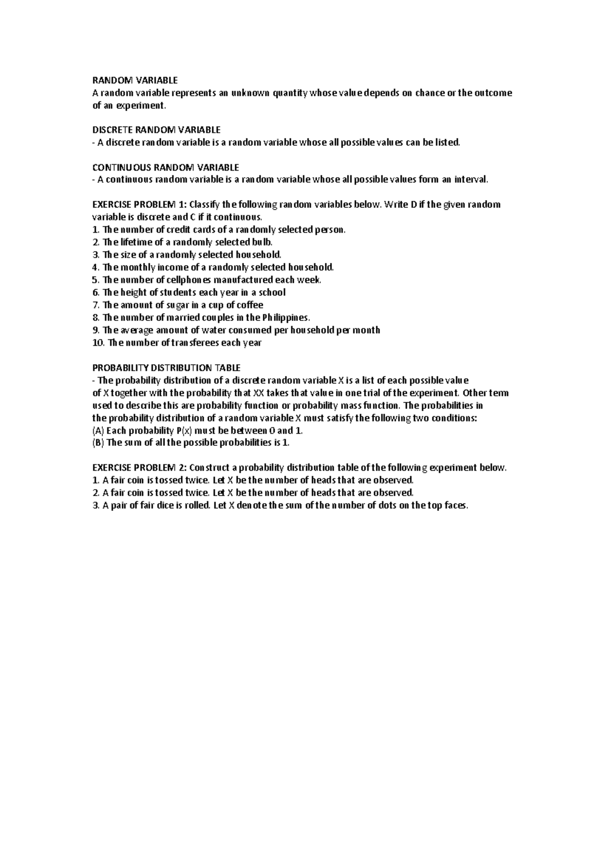 Random Variable Concepts and Exercises (MATH 101) - Studocu