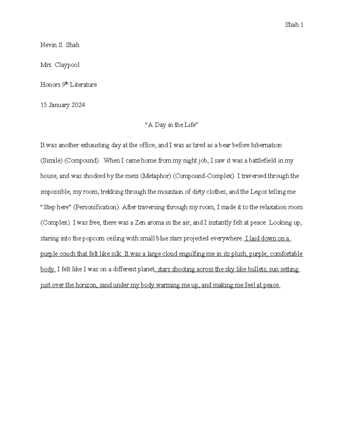 Honors 9 Lit: A Day in the Life - Creative Writing Insights - Studocu