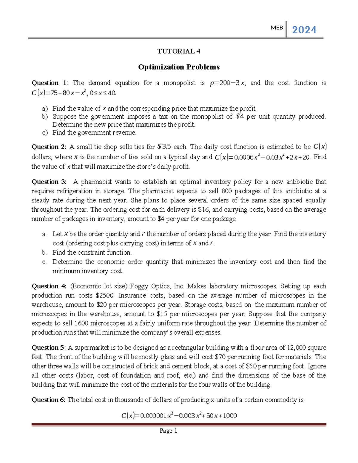 CEB 2024 TUT 04 - Optimization Problems in Economics - Studocu