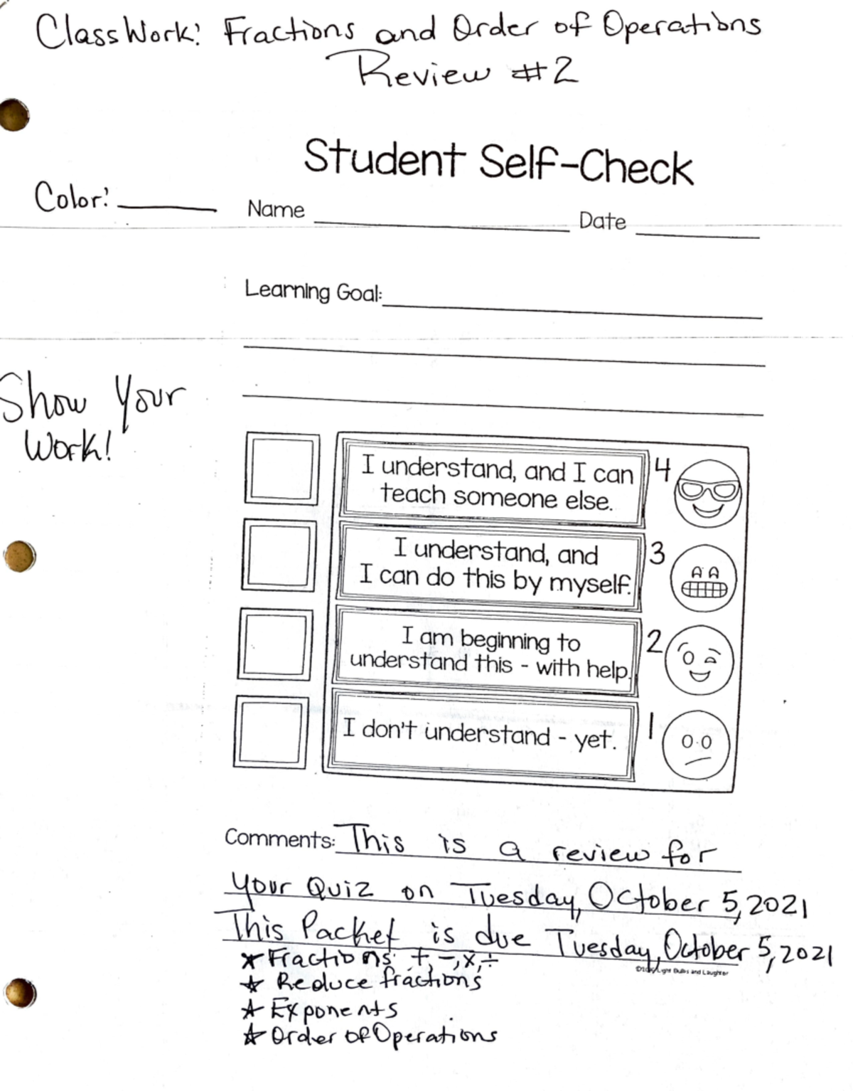 Review # 2 CW sss - C,o\or~ - Student SelF-Check Name _____ - Dot ...