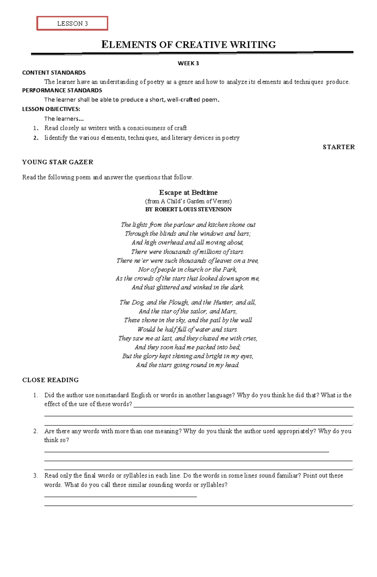 LESSON 3: ELEMENTS OF CREATIVE WRITING - WEEK 3 CONTENT STANDARDS - Studocu