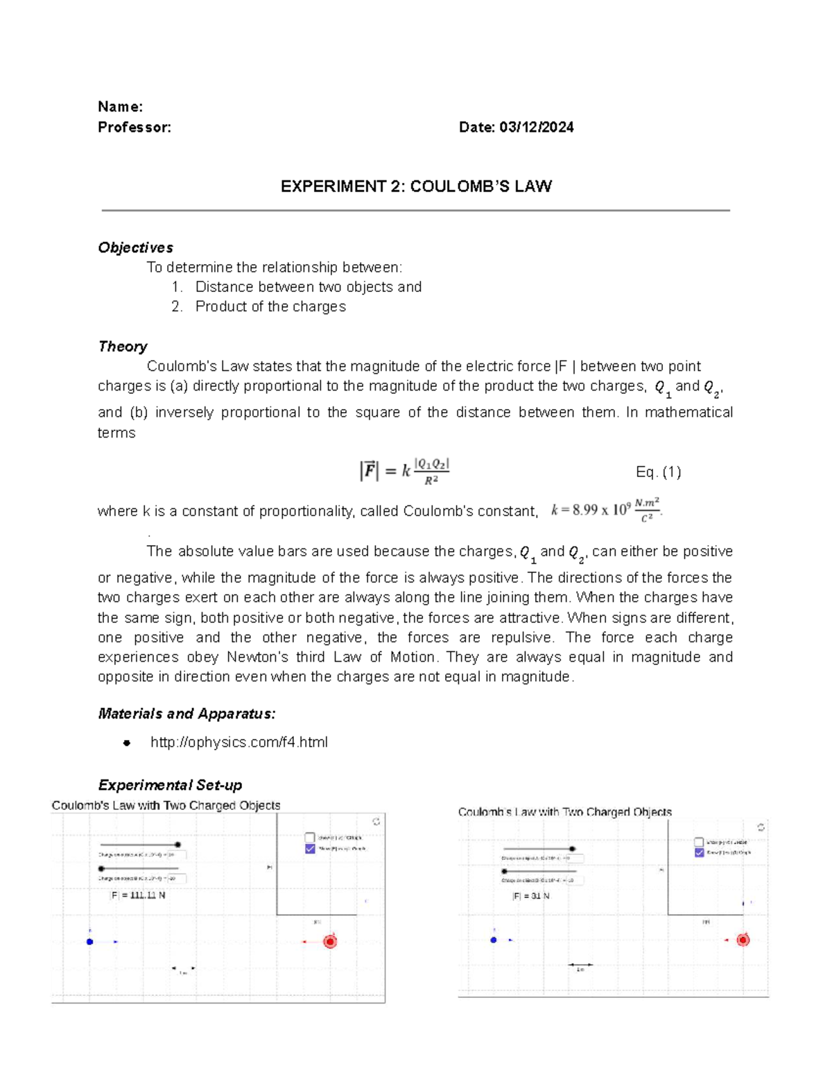 2ND SEM EXPT 2 - Electric Force and Charge Relationship Report - Studocu