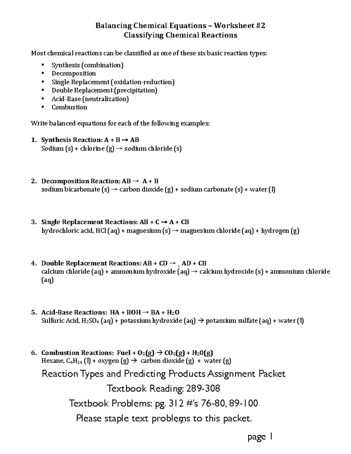 34 - Chemistry: Predicting Products & Reaction Types Worksheet - Studocu