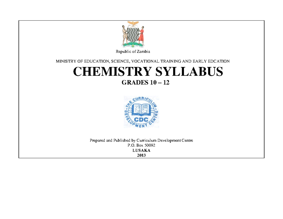 Chemistry Syllabus for Grades 10-12 (Course Code: CHEM 5070) - Studocu