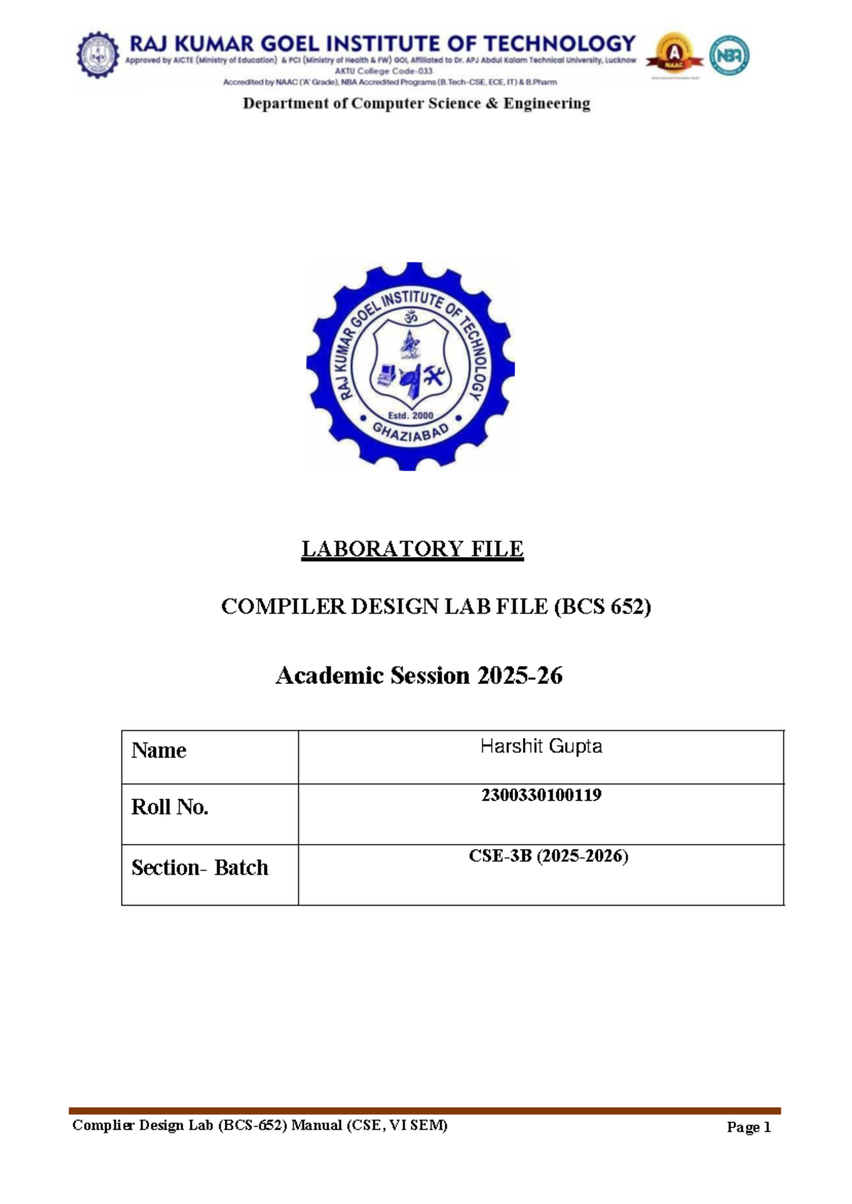 Compiler Design Lab Manual (CSE VI SEM) - Harshit Gupta - Studocu