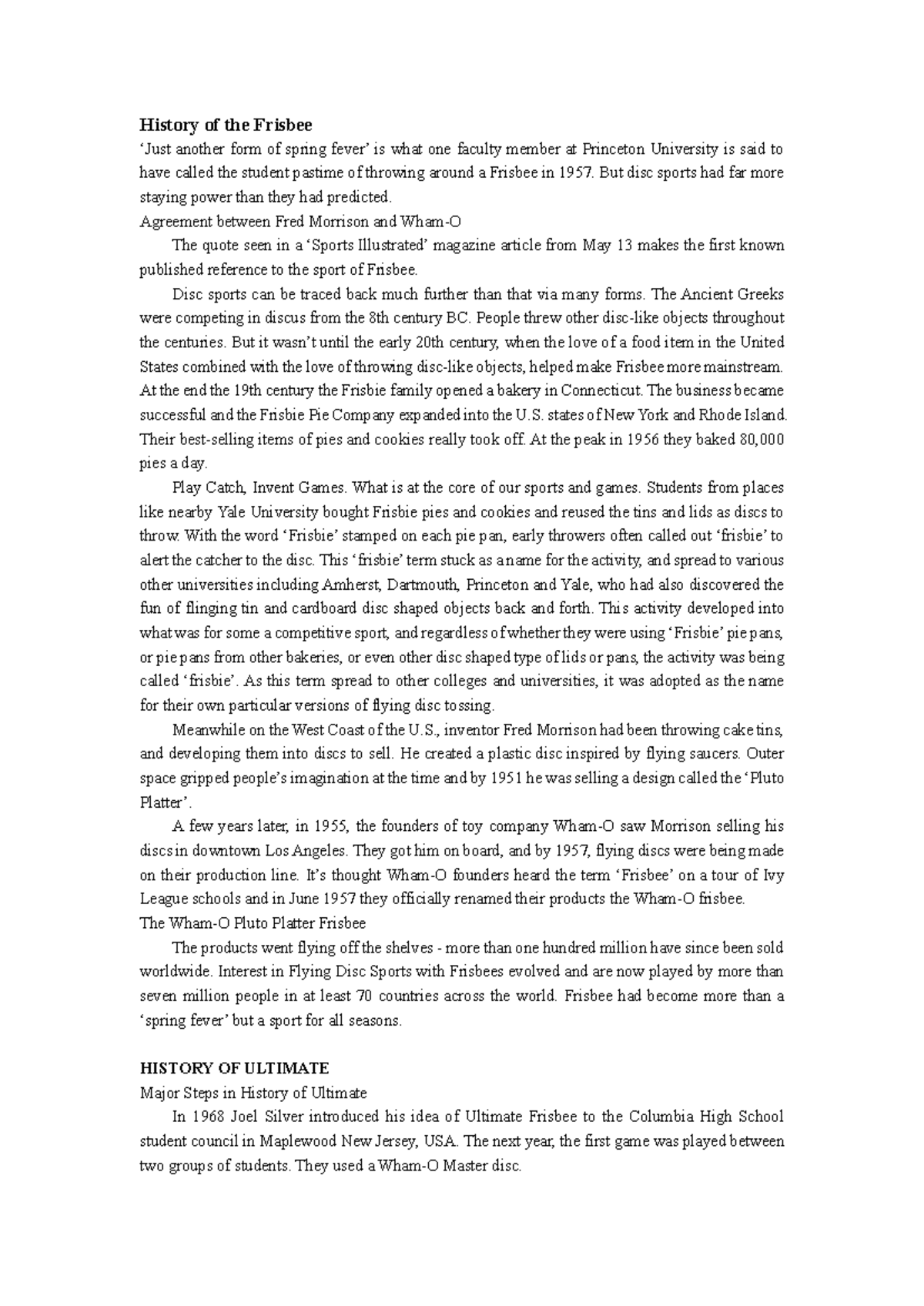 Frisbee History and Ultimate Frisbee Overview (Course Code: HST101 ...