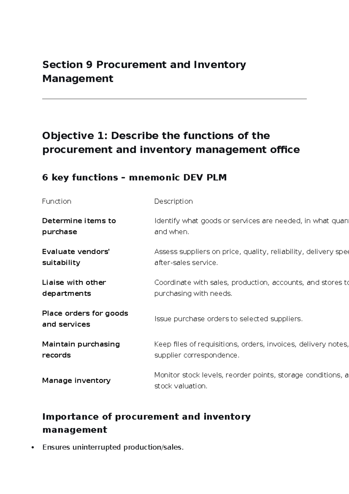 Procurement & Inventory Management Overview - Section 9 - Studocu