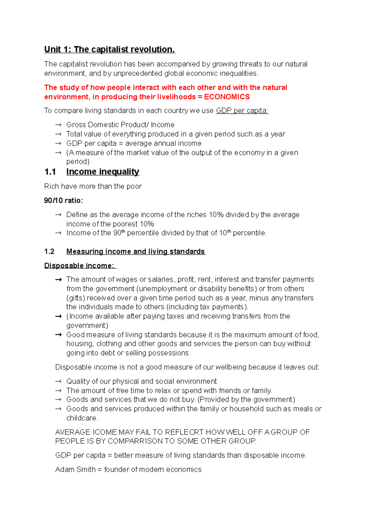 Economics class notes for chapter 1 and 2 - Unit 1: The capitalist ...