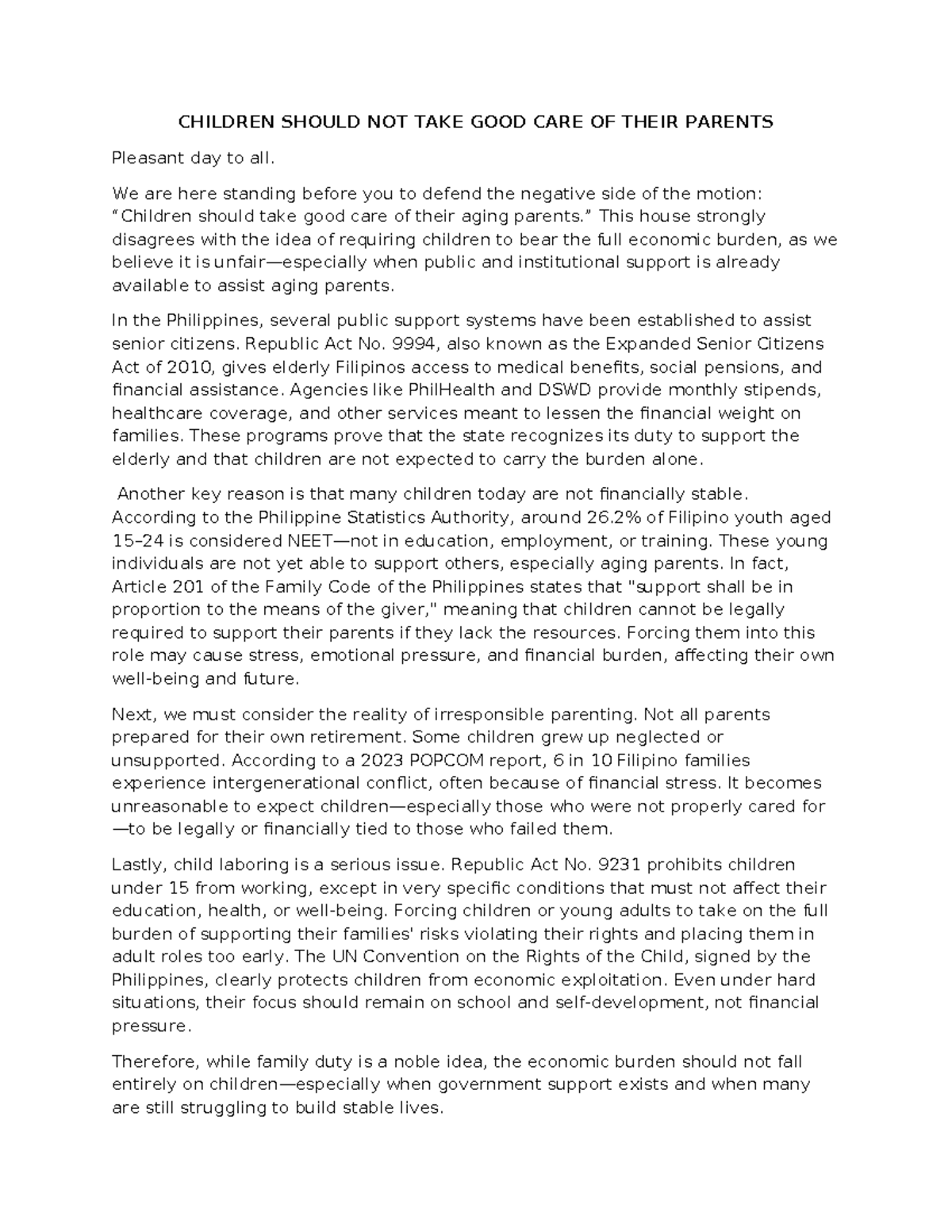 Debate Notes: Children’s Economic Burden in Caring for Aging Parents ...