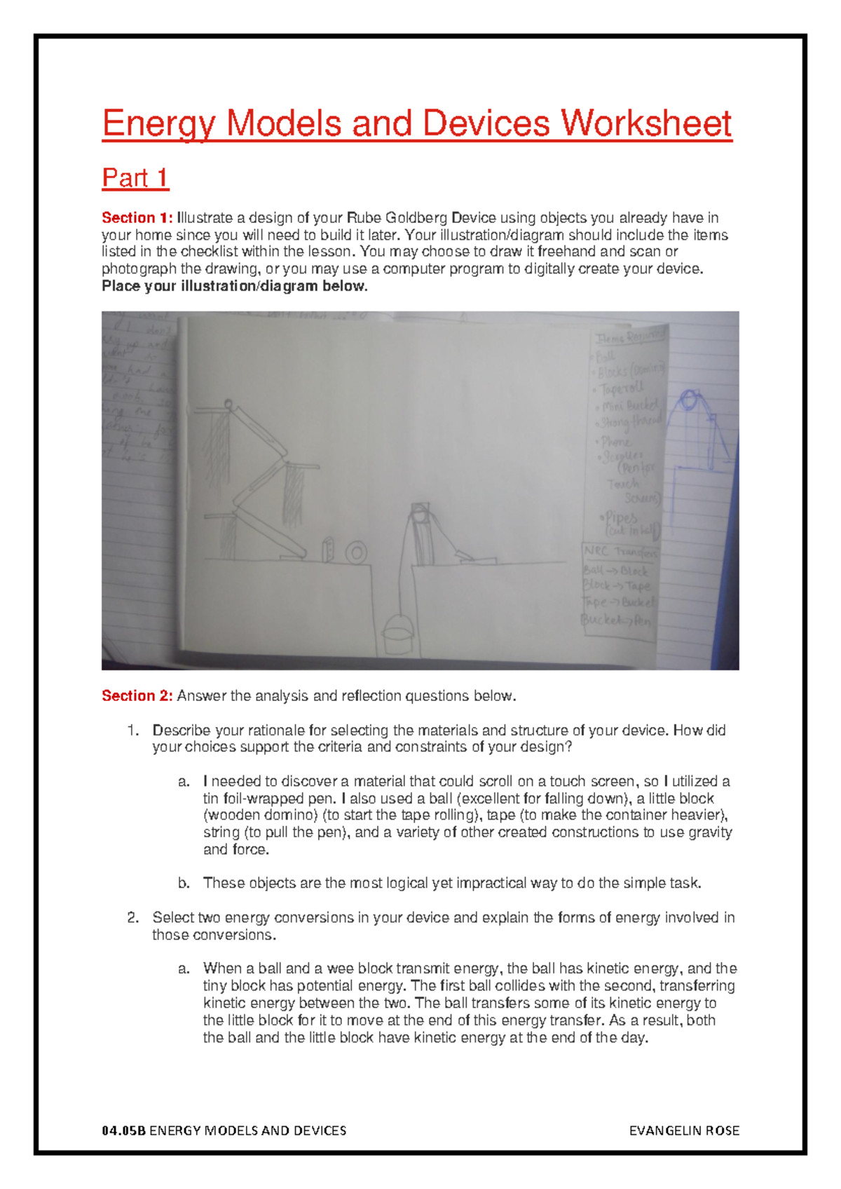 04.05B Energy Models & Devices: Rube Goldberg Project Worksheet - Studocu