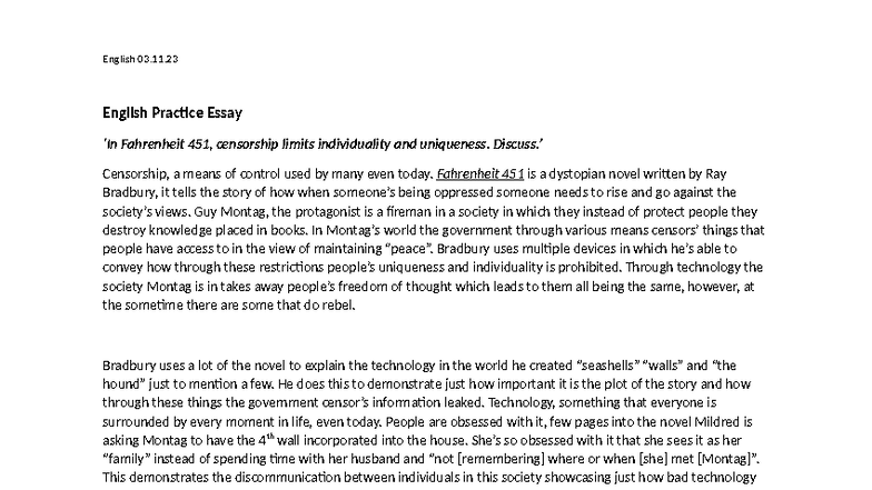 English 03.11.23 Essay on Censorship and Individuality in Fahrenheit ...