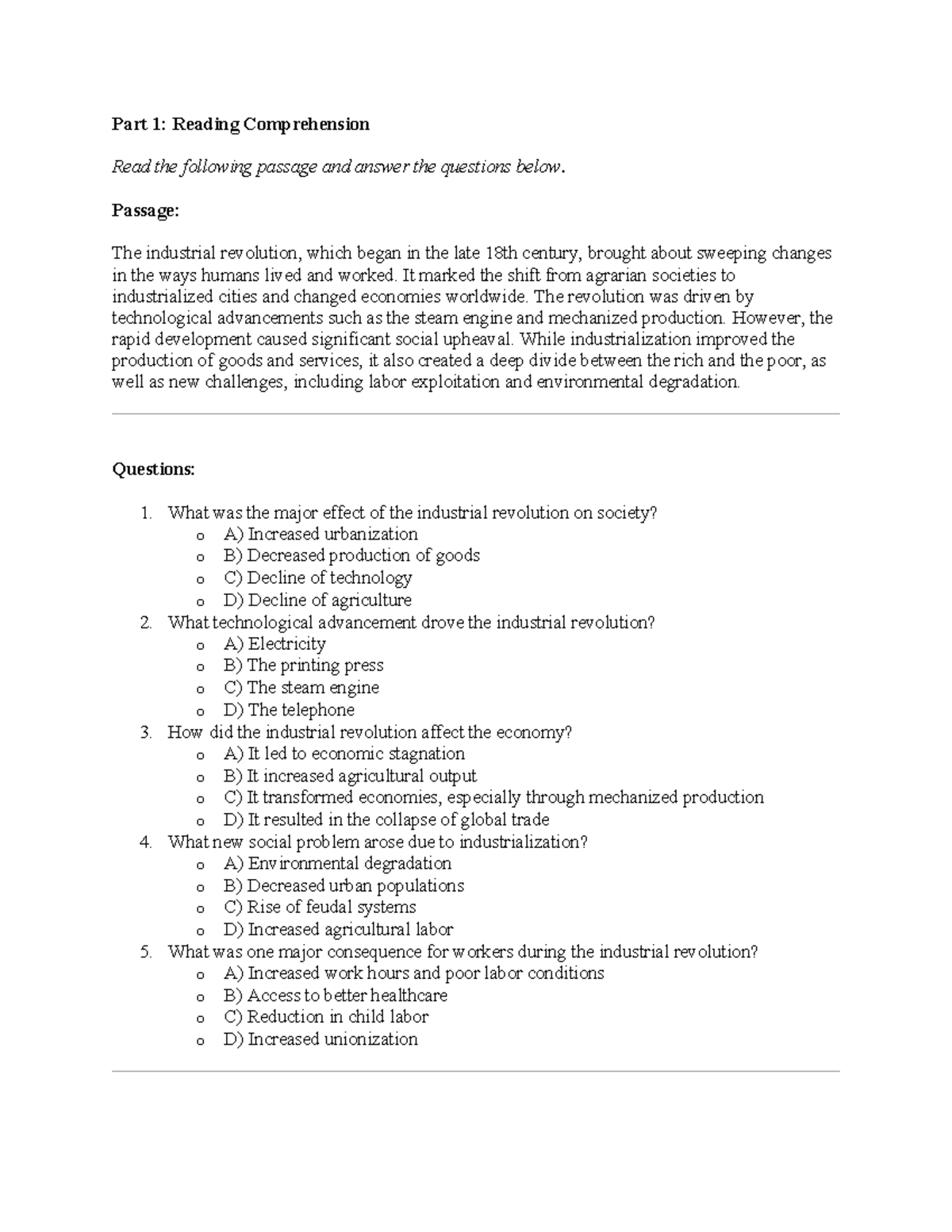 ENG TEST Review: Industrial Revolution Impact & Key Questions - Studocu