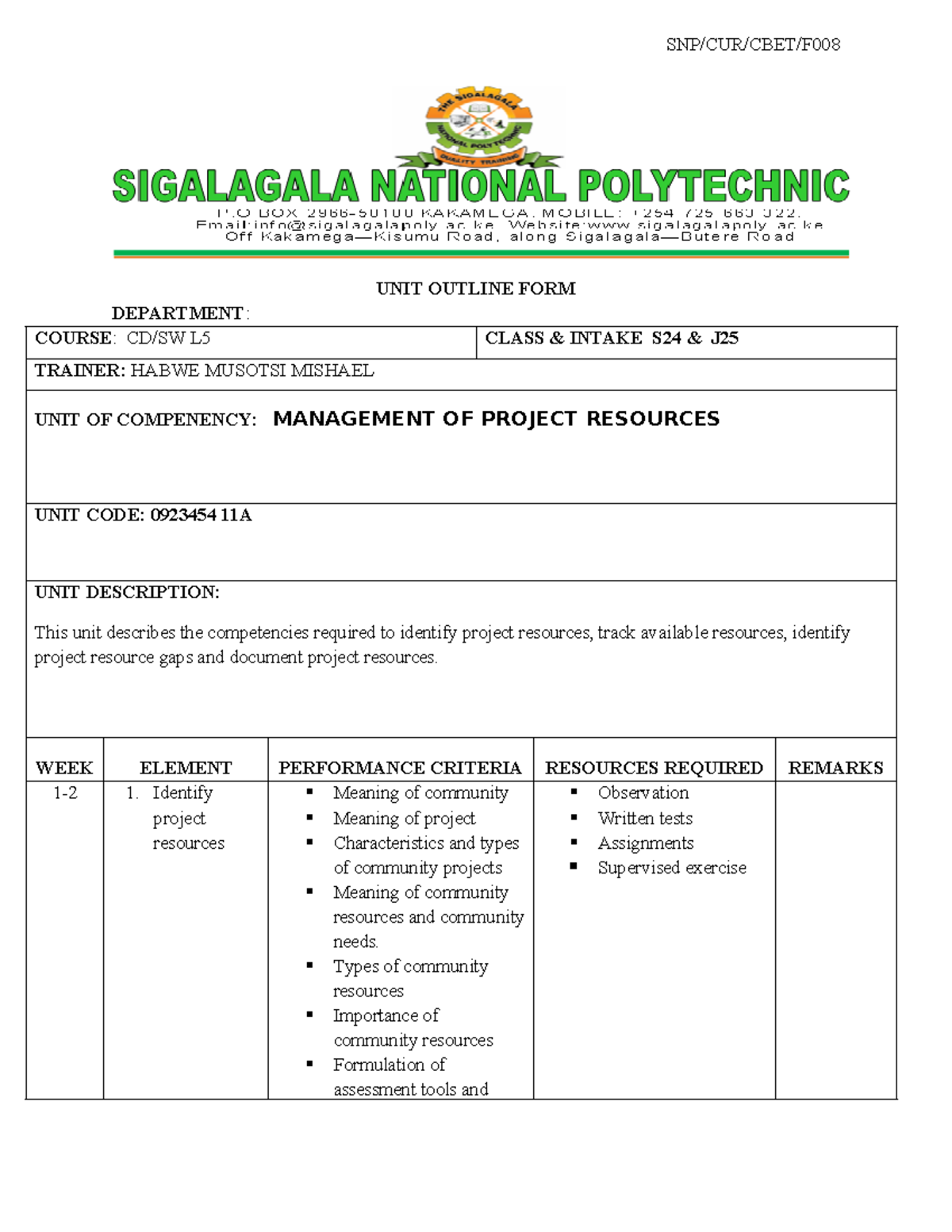 SNP UNIT plan - Management OF Project Resources -L5 - SNP/CUR/CBET/F ...
