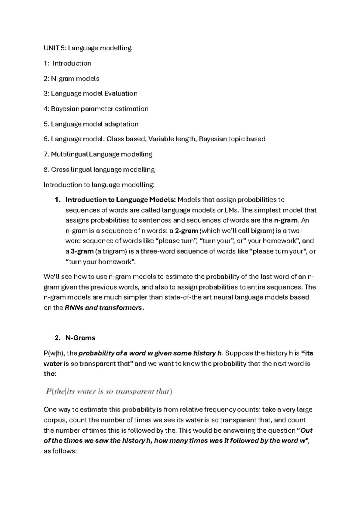 UNIT 5: N-Gram Models - Language Modelling Overview - Studocu