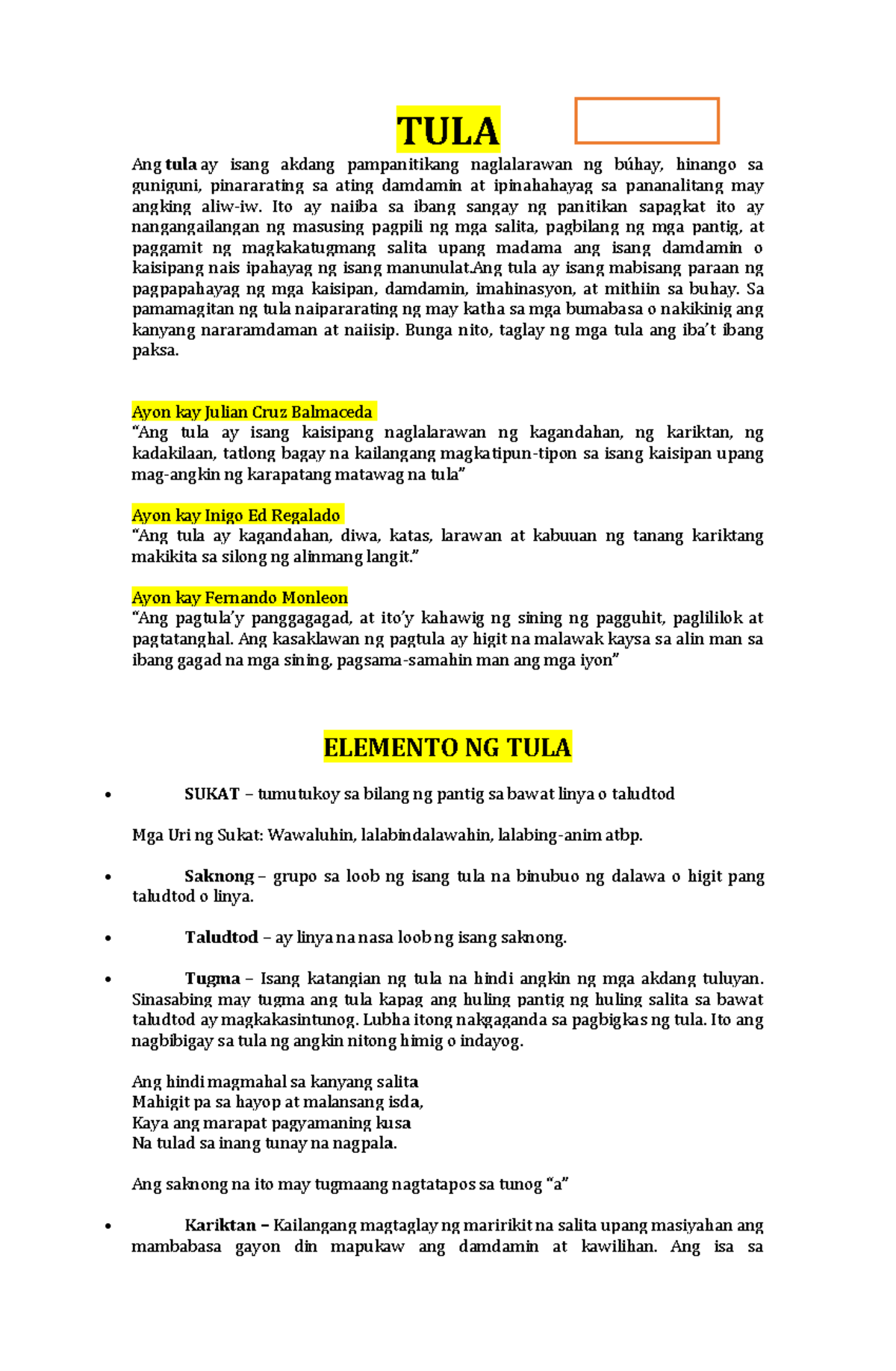 Panitikan: Pag-aaral ng Tula at Iba pang anyo ng Literatura - Studocu