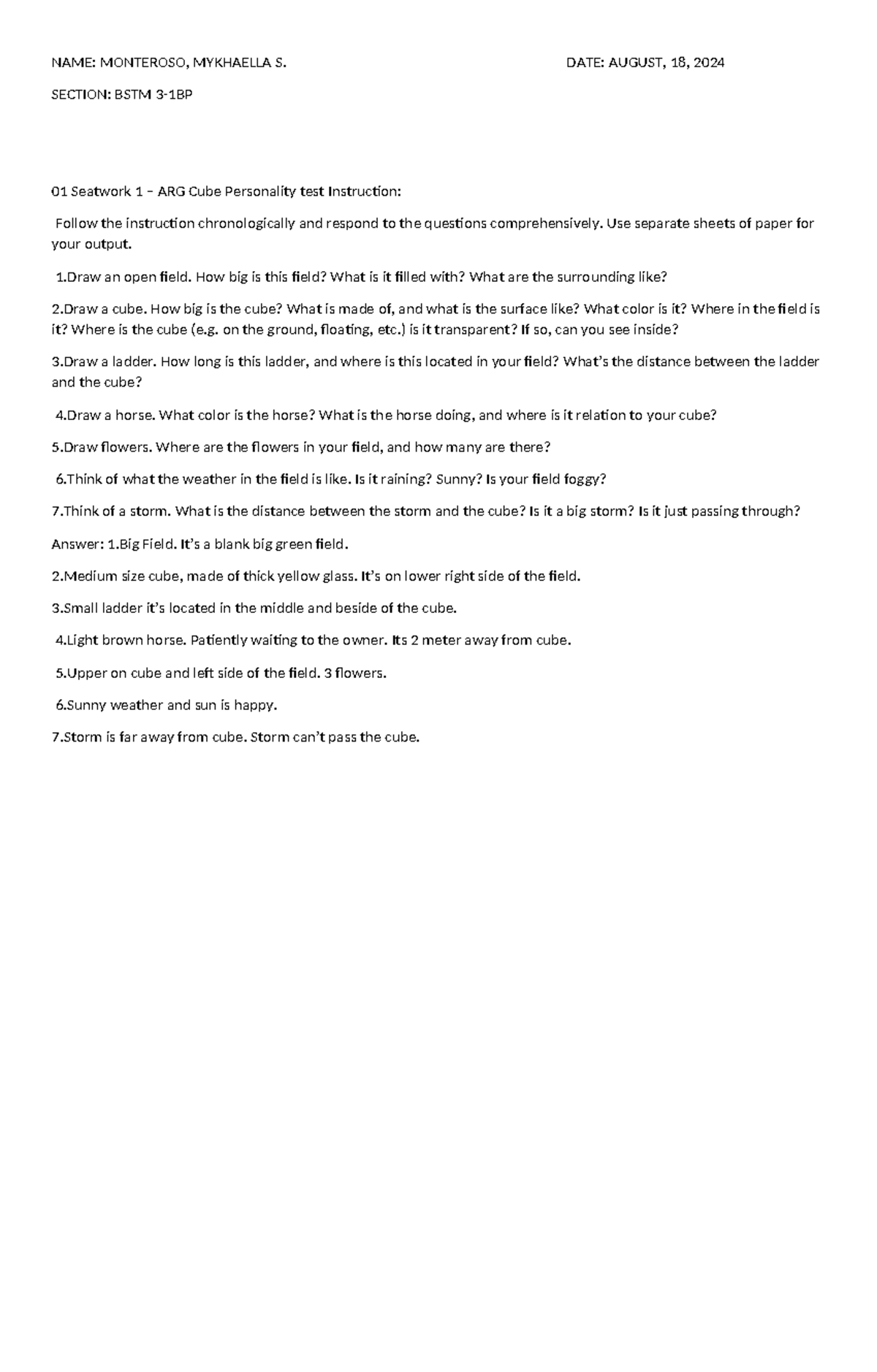 BSTM 3-1BP Personality Test: ARG Cube Exercise Overview - Studocu