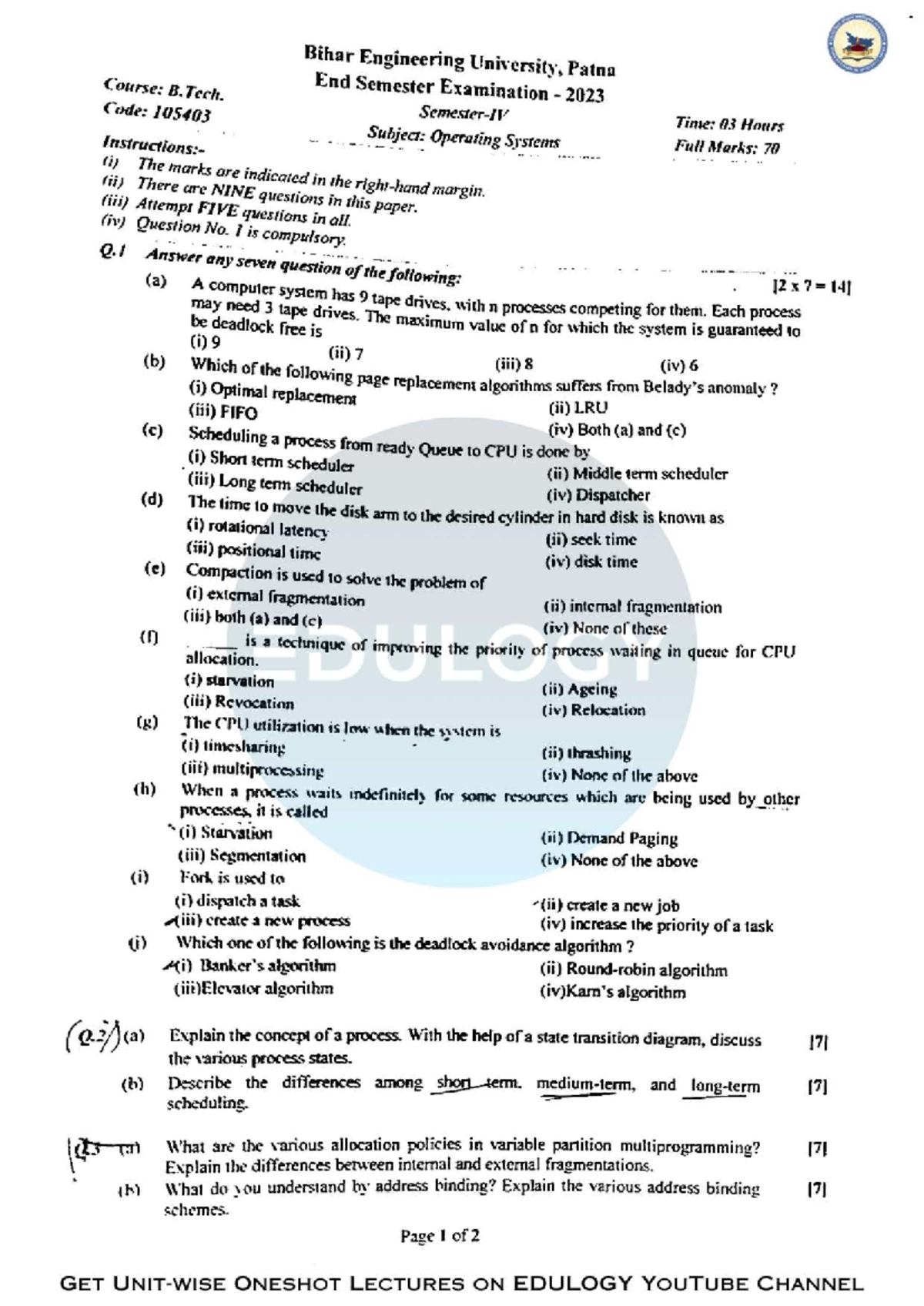 OS PYQs - Important MCQ Questions for B. Tech. 105403 Exam - Studocu