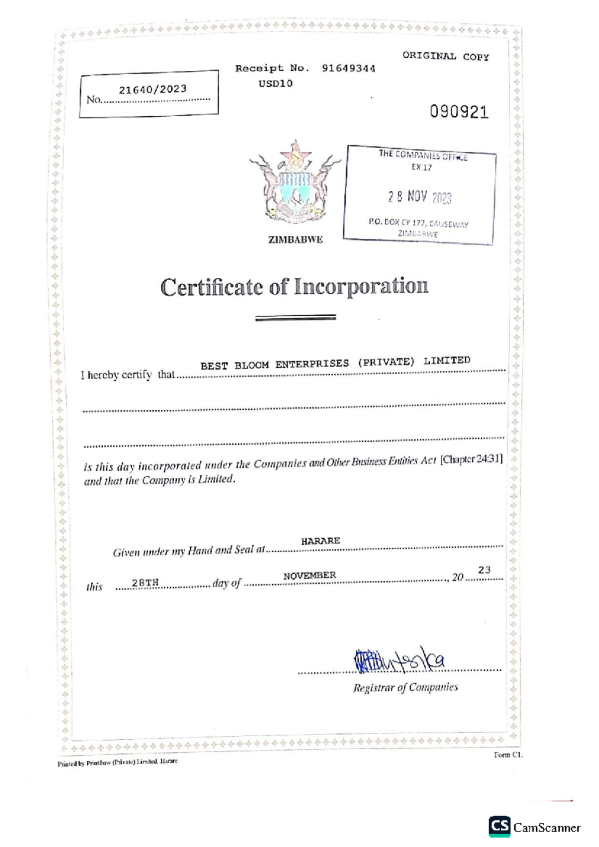 Certificate of Incorporation for BEST BLOOM ENTERPRISES (PVT) LTD - Studocu