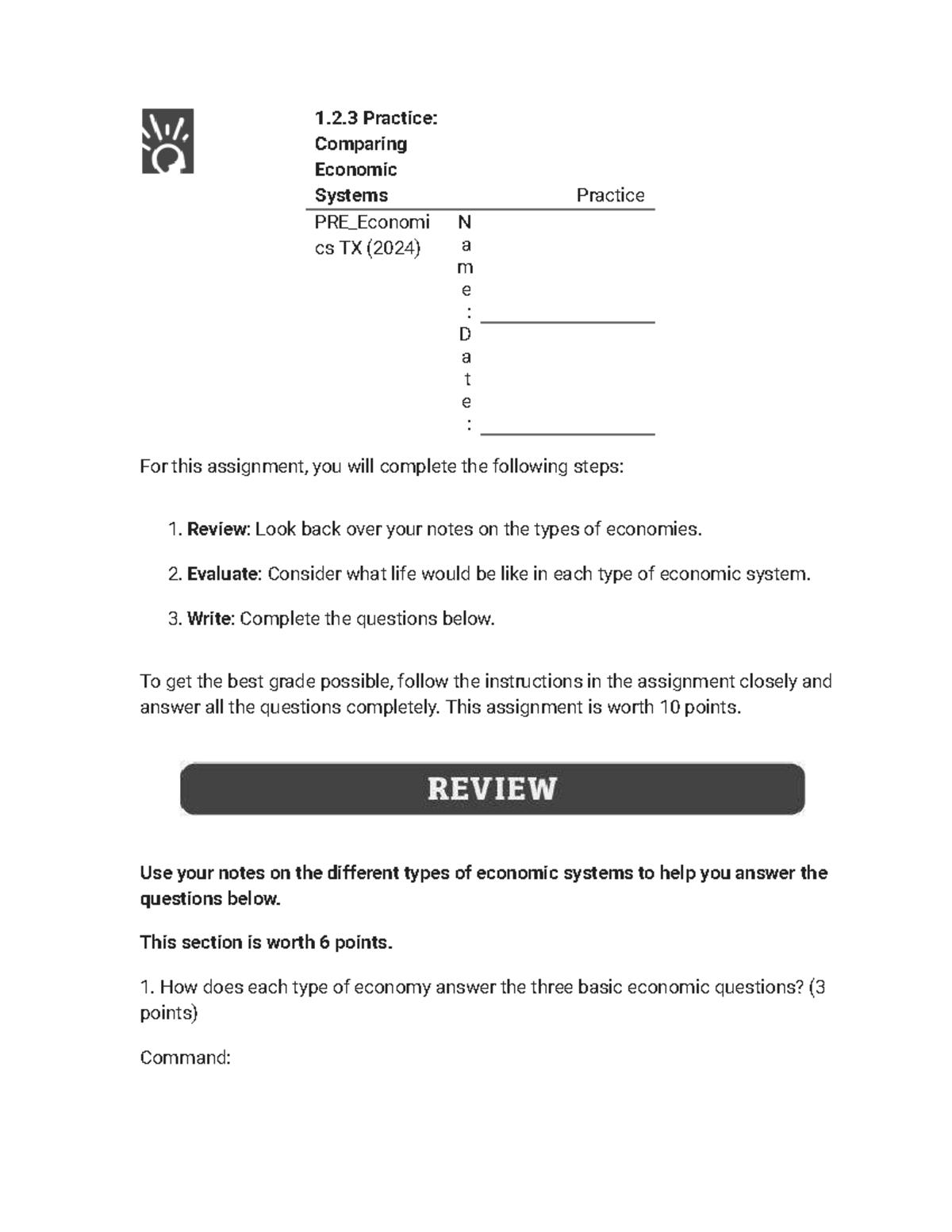 1.2.3 Practice: Comparing Economic Systems PRE_Economics TX (2024 ...