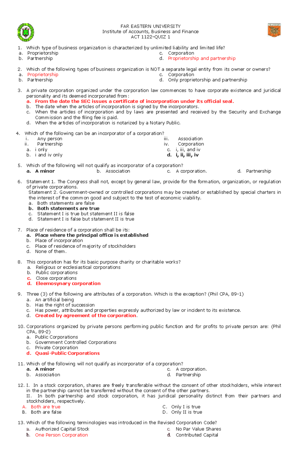 2026 Corpo QUIZ 1: Business Organizations and Corporations - Studocu