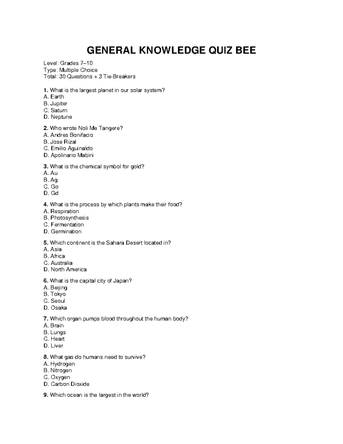 General Knowledge Quiz Bee (Grades 7-10) - 30 Questions - Studocu