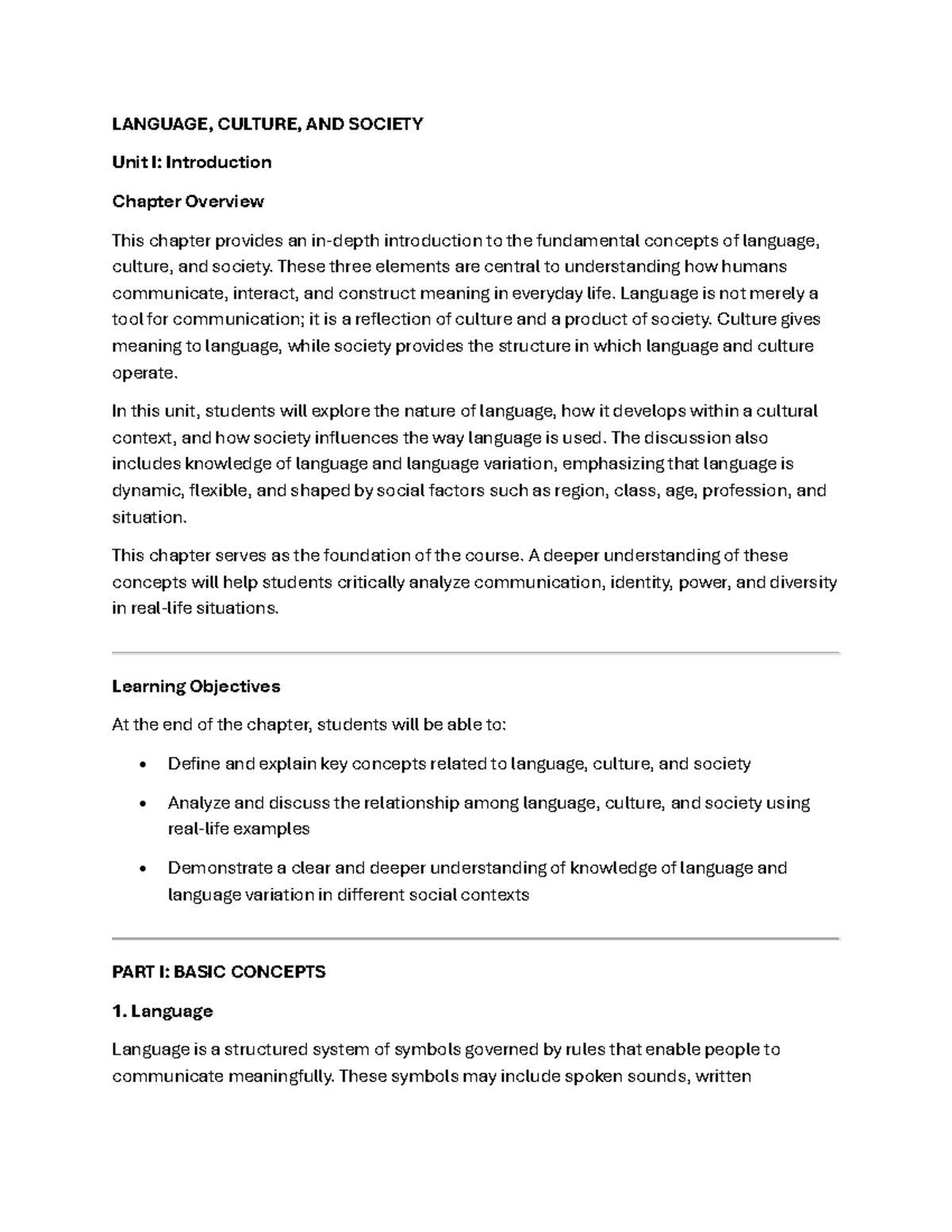 LANGUAGE, CULTURE, AND SOCIETY Unit I: Introductory Chapter Overview ...