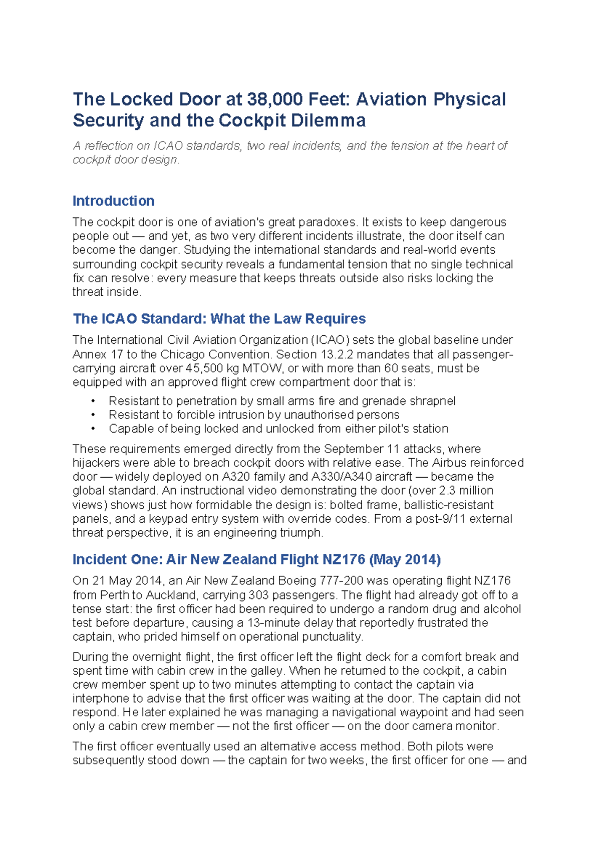 Aviation Physical Security: The Cockpit Door Paradox and ICAO Standards ...