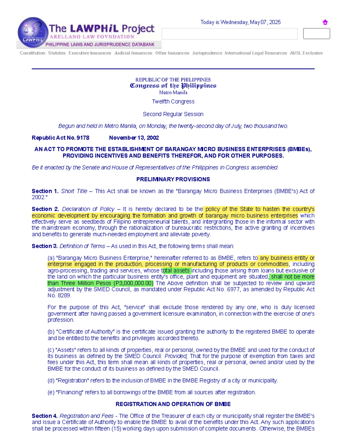 LAW - Barangay Micro Business Enterprises (BMBE) Act of 2002 Overview ...