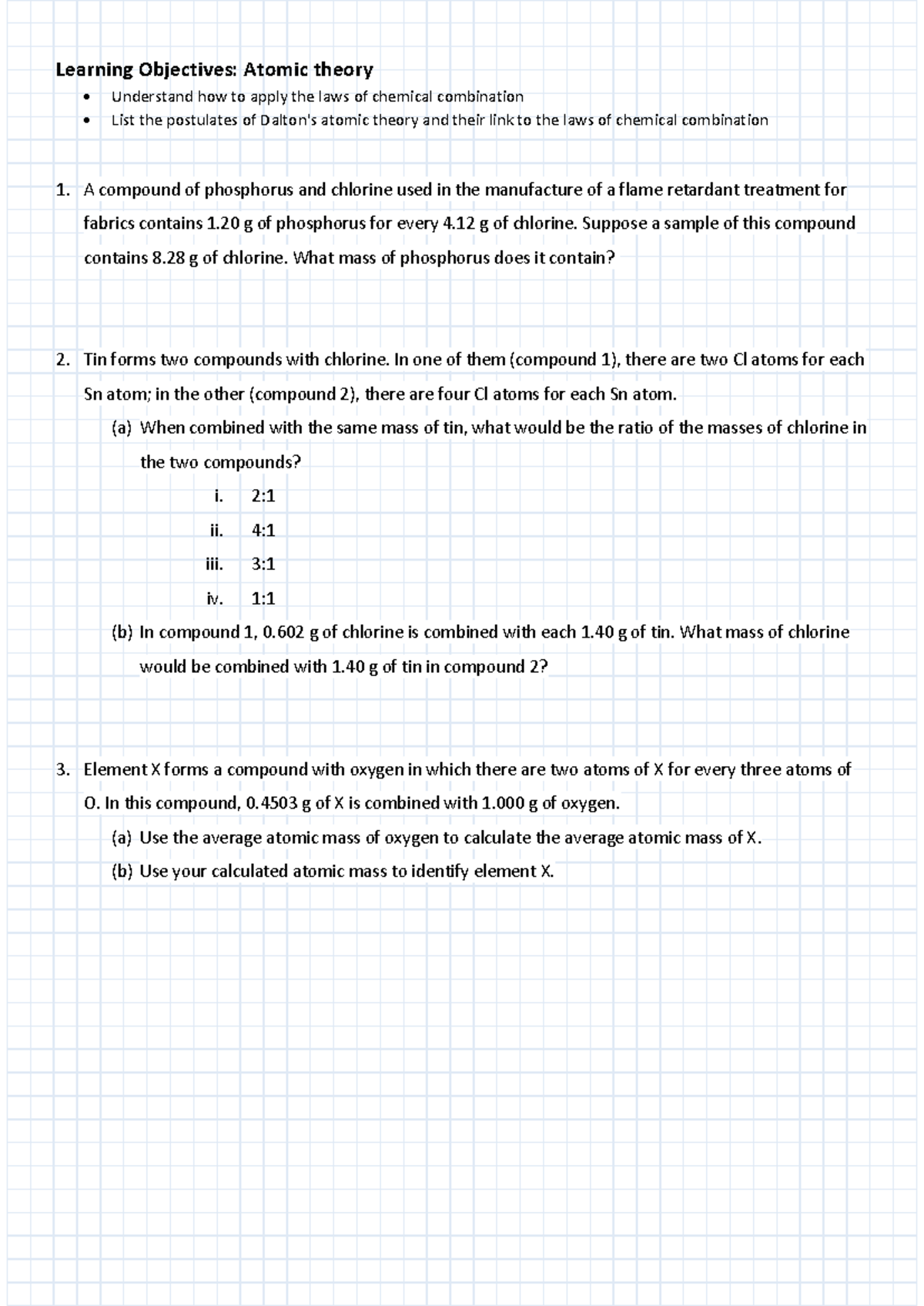 CHEM1010 Practice Worksheet: Atomic Theory & Chemical Reactions - Studocu